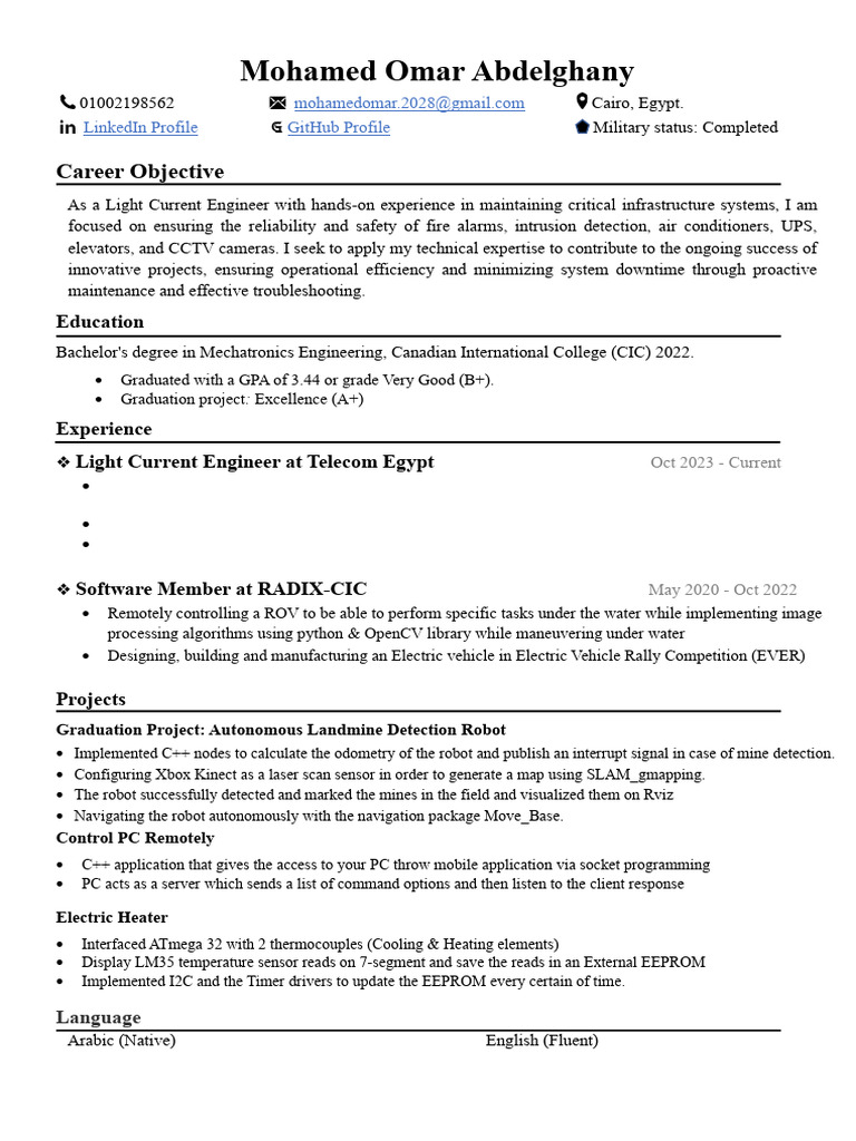 Mohamed Abdelghany Resume 1 | PDF | Robot | Robotics