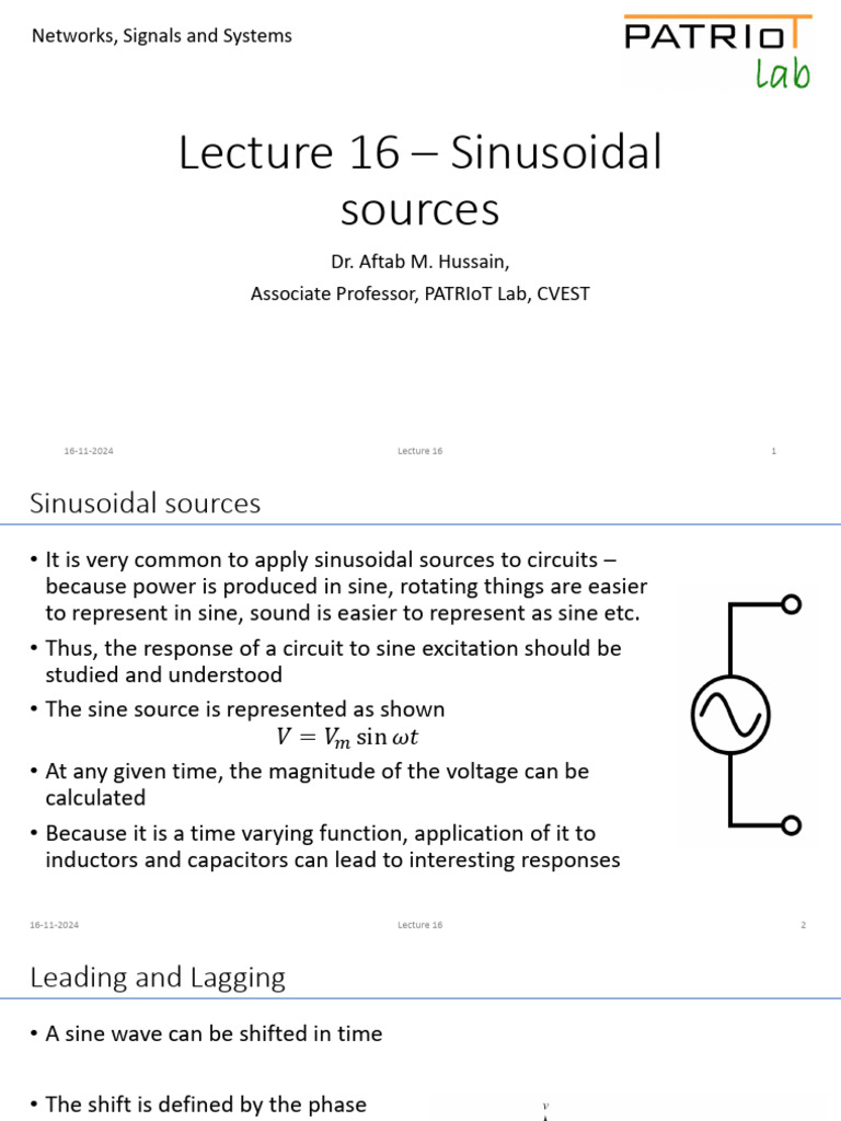 Lecture 16 - Sinusoidal Sources | PDF | Electrical Impedance | Electrical Network
