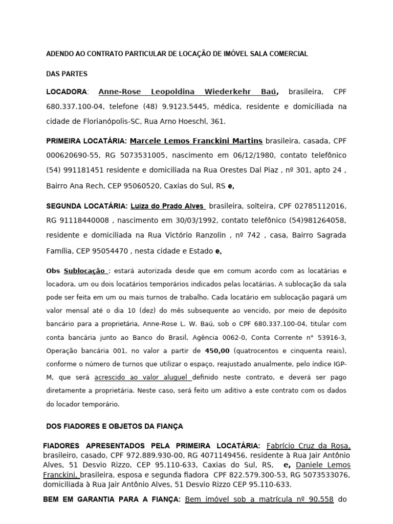 Adendo Contrato Locação Sala Comercial | PDF | Conta de transação | Juros