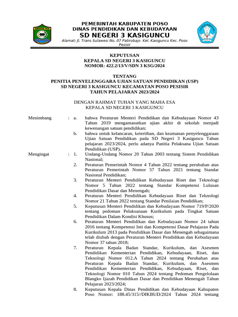 SK PANITIA USP 2024 - SDN 3 Kasiguncu | PDF