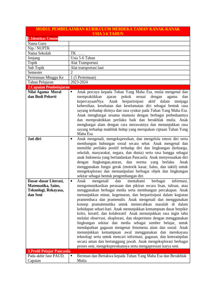 Modul RPPH TK - 5-6 Minggu Ke 9 | PDF