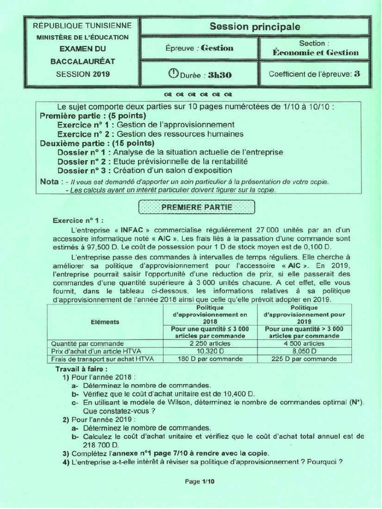 Bac 2019 Bac Eco Epreuve Gestion Session Principale PDF | PDF