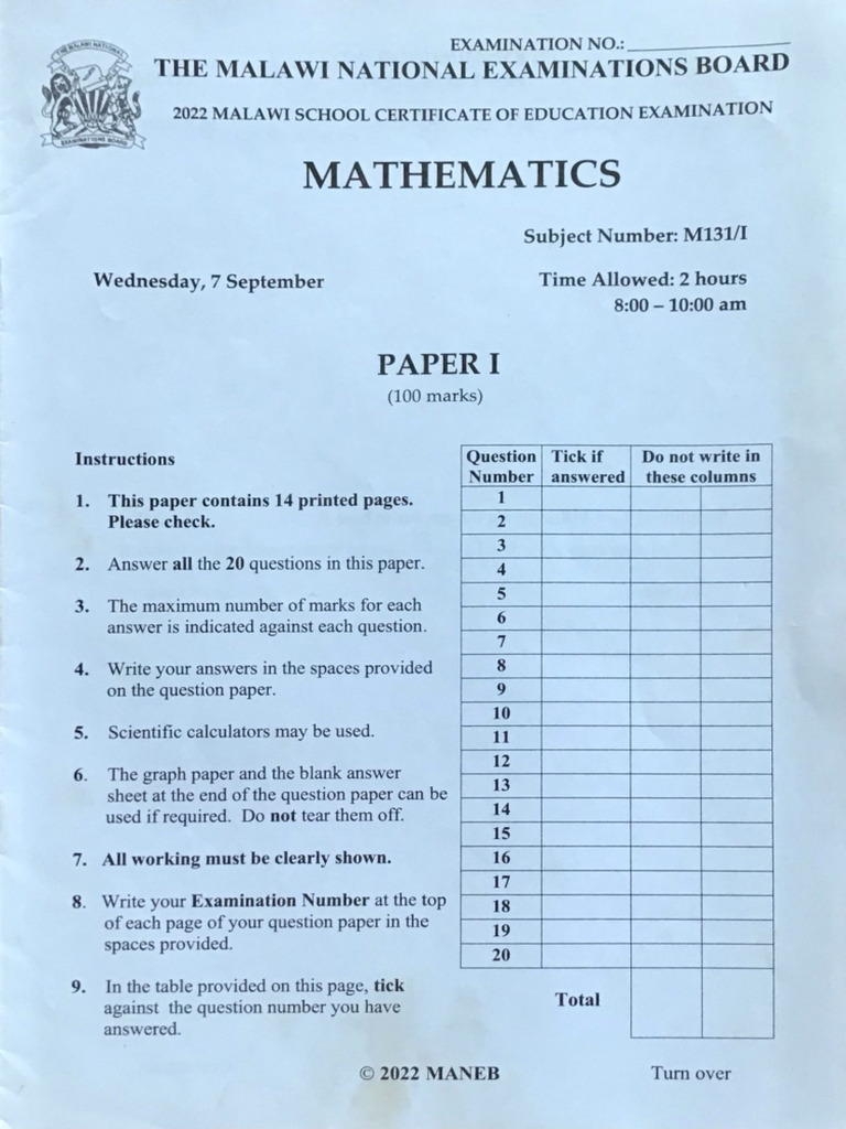 Msce Maths I 2022 | PDF