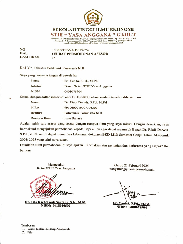 Surat Permohonan Asesor BKD Eksternal - Sri Yunita Ganjil 2024-2025 | PDF