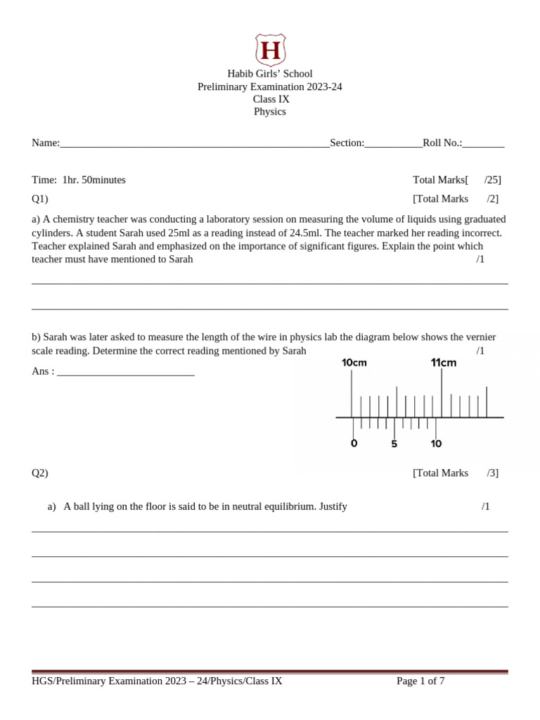 Class IX Physics Preliminary Exam 2023-24 | PDF | Force | Mechanics