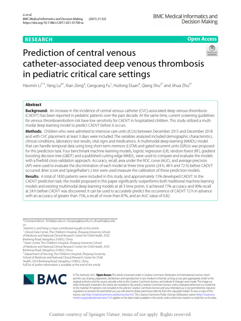 Prediction of Central Venous Catheter-Associated D | PDF | Machine Learning | Receiver Operating ...