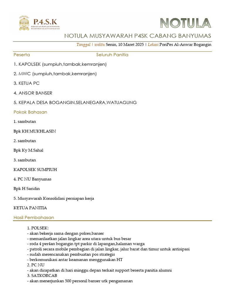 Notula Musyawarah 10 Maret 2025 | PDF