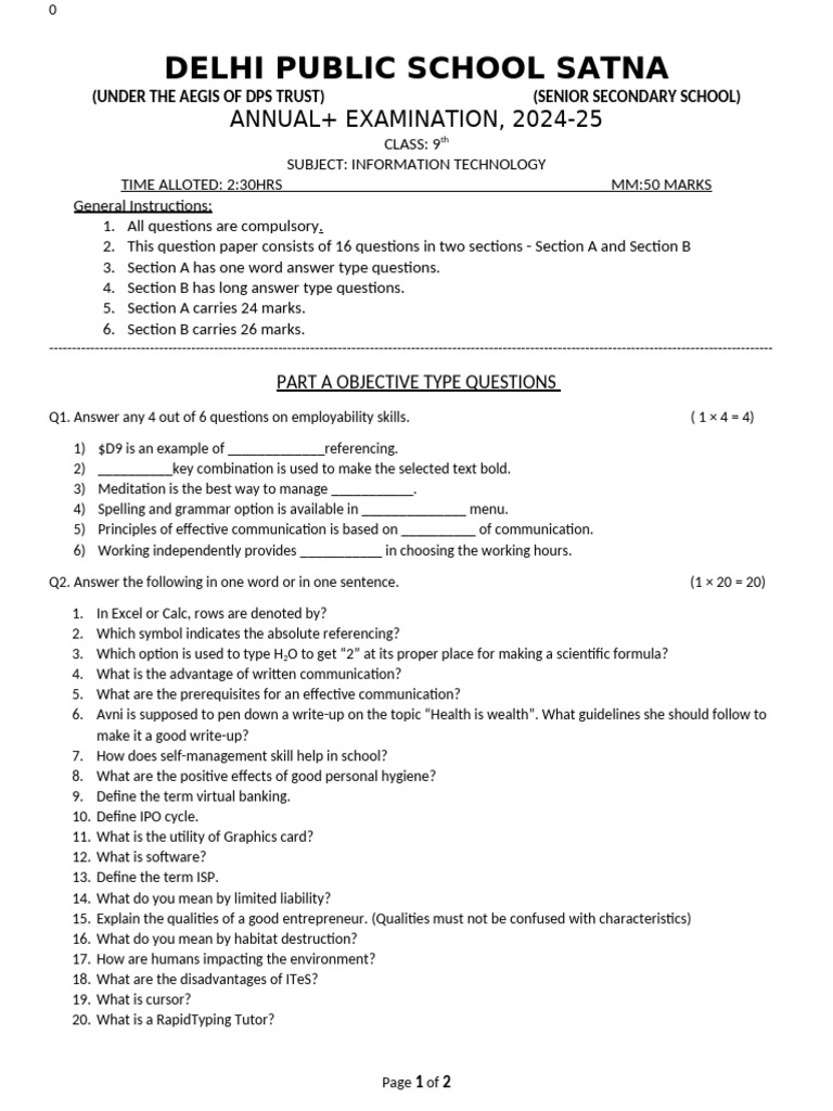 Class 9 IT Annual Exam Paper 2024-25 | PDF | Computing