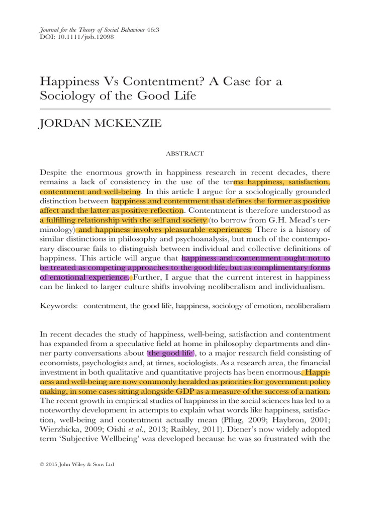 J Theory Soc Behav - 2015 - McKenzie - Happiness Vs Contentment A Case ...