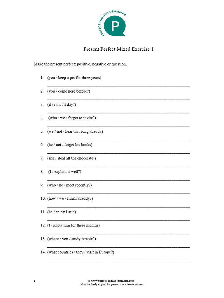 Present Perfect Form Mixed Exercise 1-4 | PDF