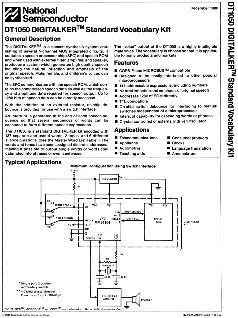 IM-FL30M120 DT1050 Digitalker Datasheet Dec80 | PDF | Manufactured Goods | Electronic Engineering