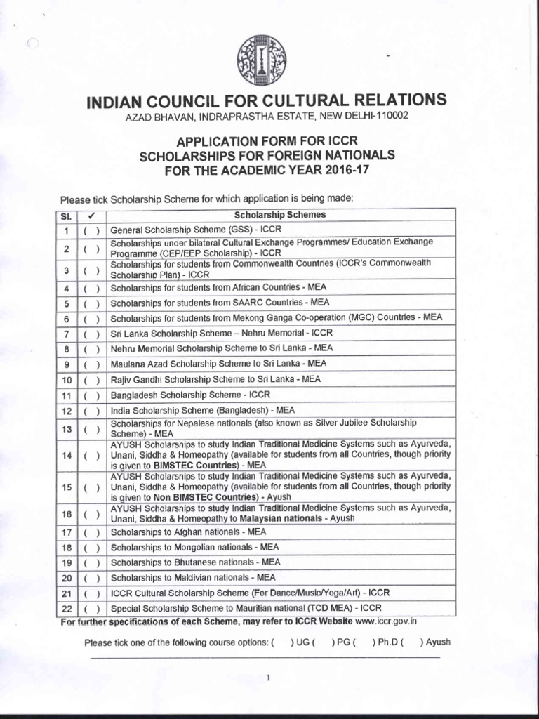 ICCR Scholarship Application Form. | PDF