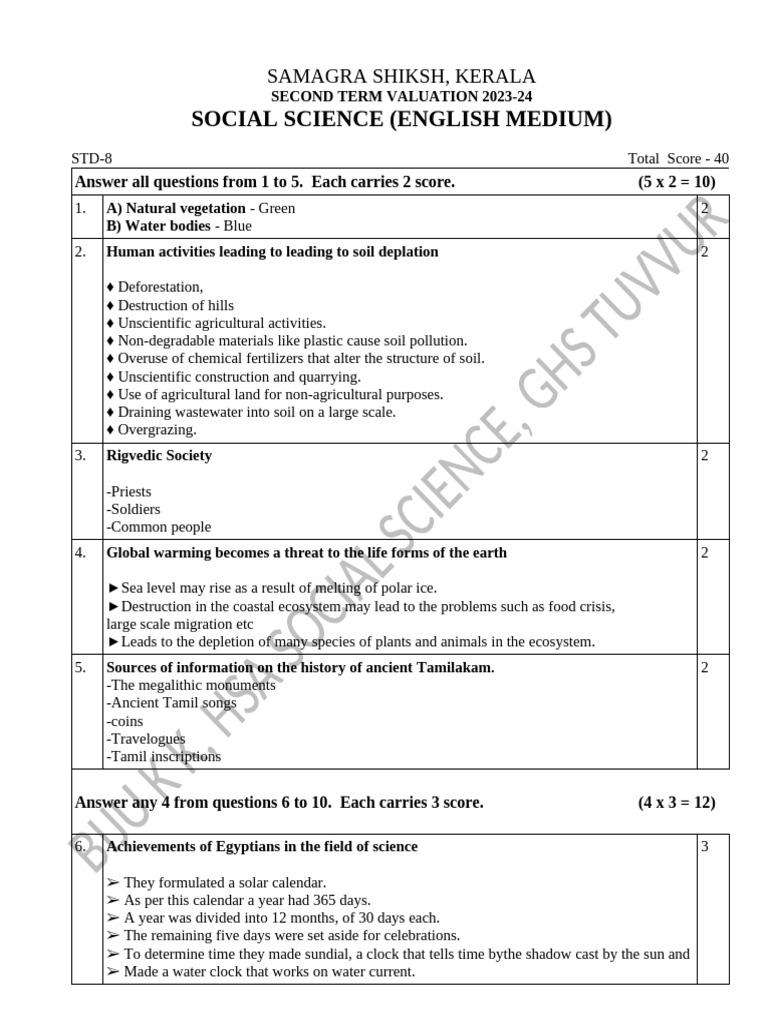 Kerala Class 8 Second Term Exam 2023 - Social Science Answer Key | PDF ...