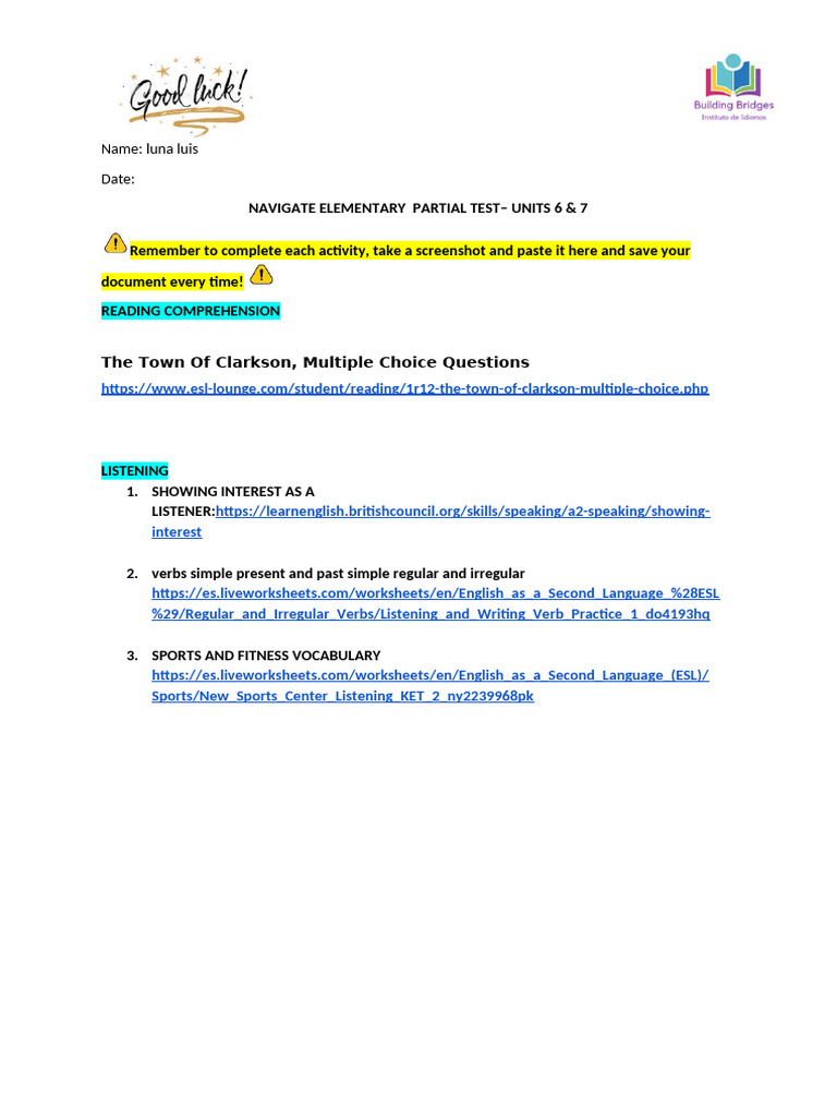 Navigate Elementary Partial Test - Units 6 & 7 | PDF | Verb | Adverb