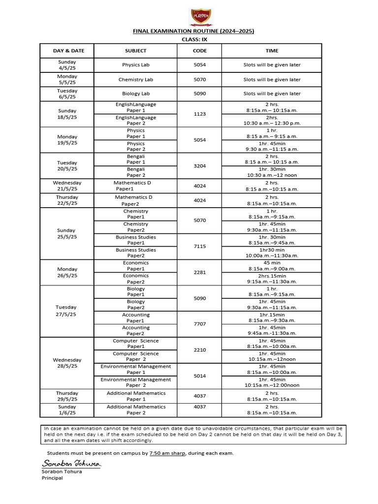 Final Examination Routine of IX (2) | PDF
