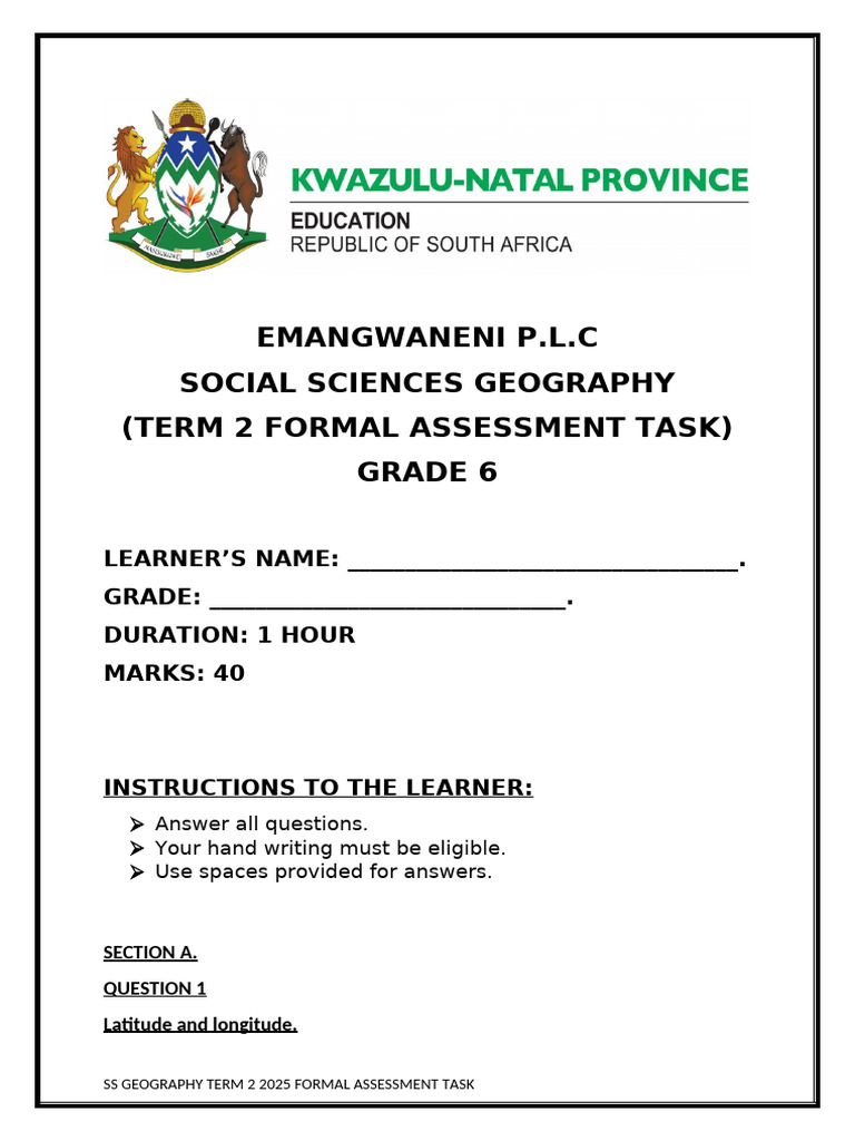 Grade 6 Geography Term 2 Assessment | PDF | Longitude | Latitude
