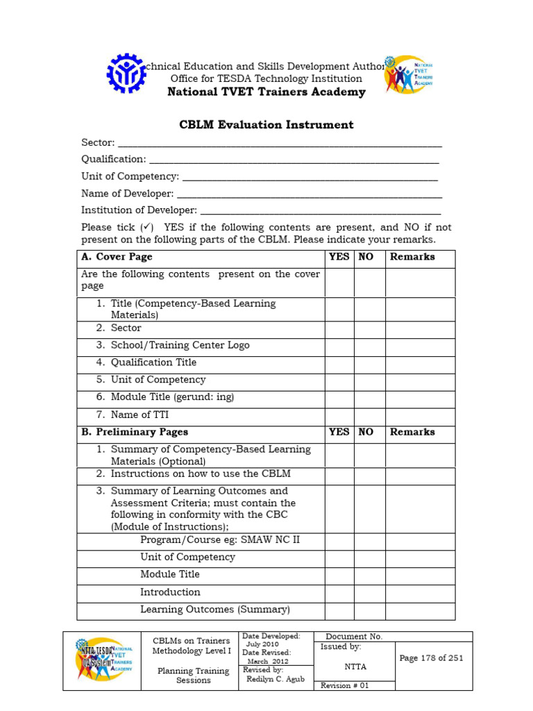 CBLM Evaluation and Validation Instruments | PDF | Learning