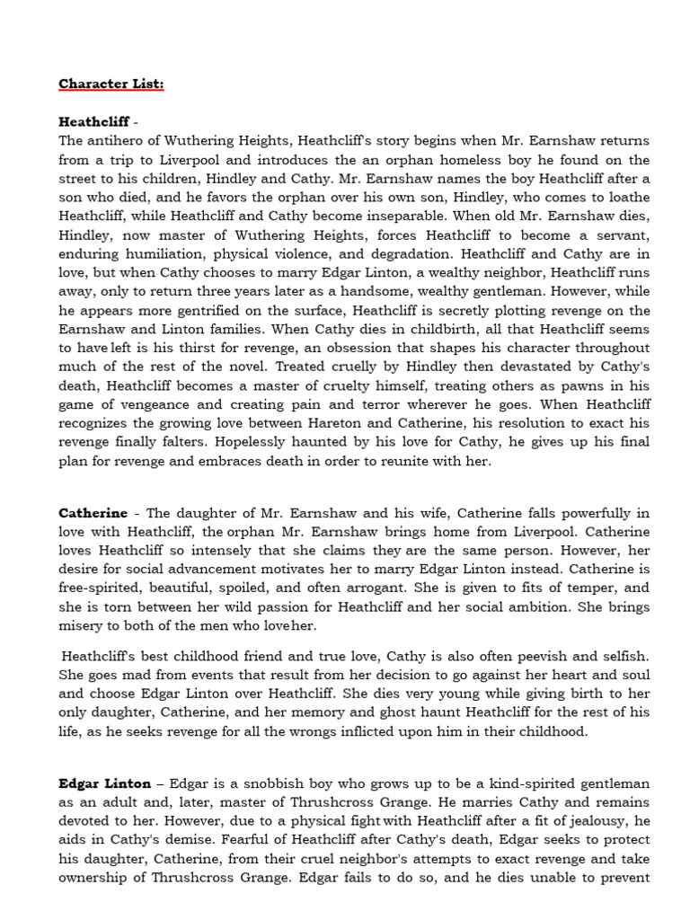 Characters and Themes WH | PDF | Wuthering Heights | Heathcliff ...