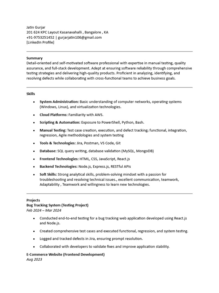 Jatin Gurjar Resume SystemEng | PDF | Software Development | Computing