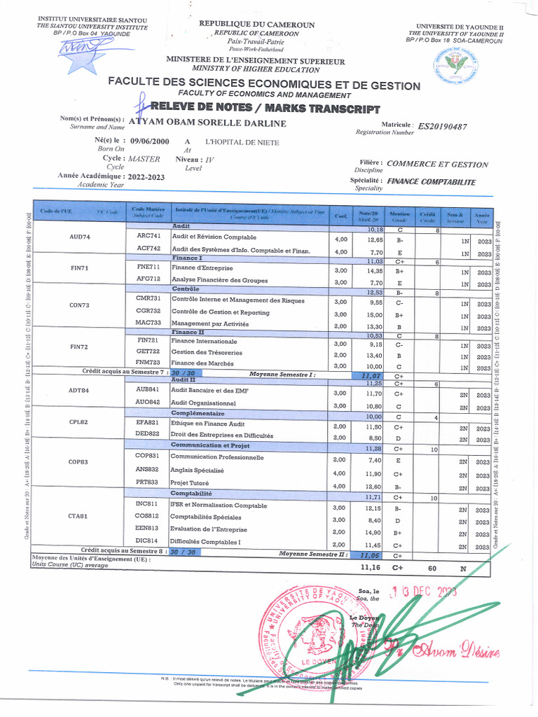 RELEVE DE NOTE MASTER 1 ATYAM OBAM (1) | PDF