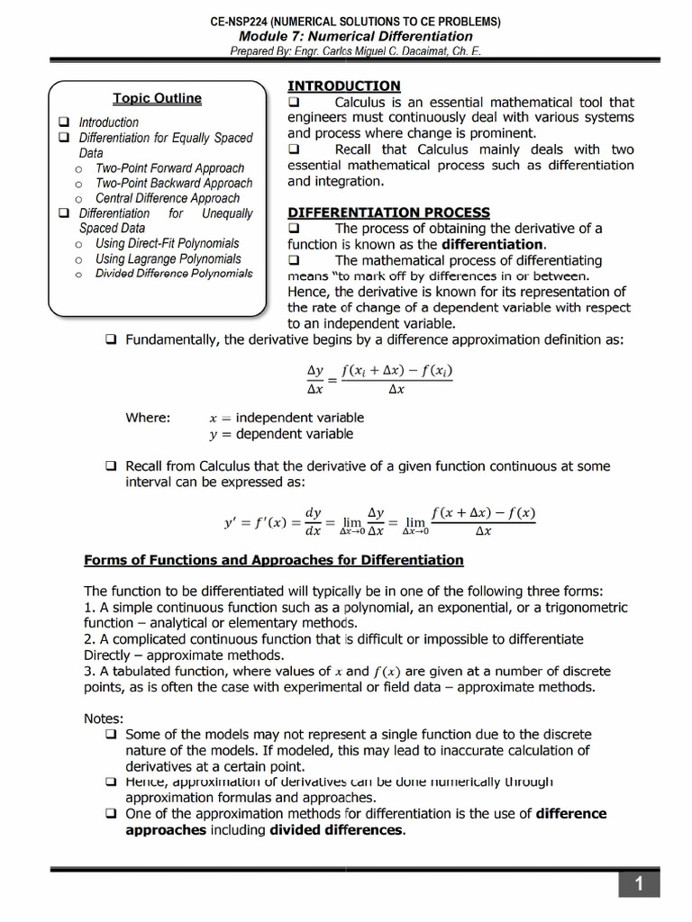 CE NSP224 Module 7 Numerical Differentiation v2 | PDF