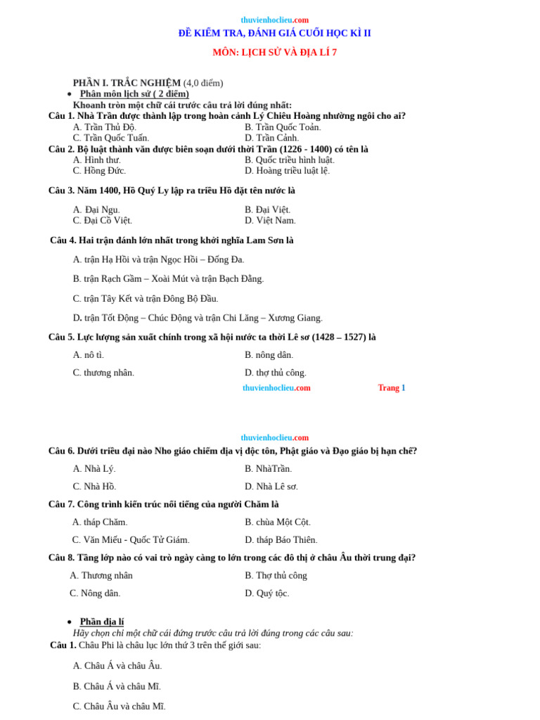 Thuvienhoclieu.com de Kiem Tra HK2 Lich Su Dia 7 Nam 22 23 | PDF