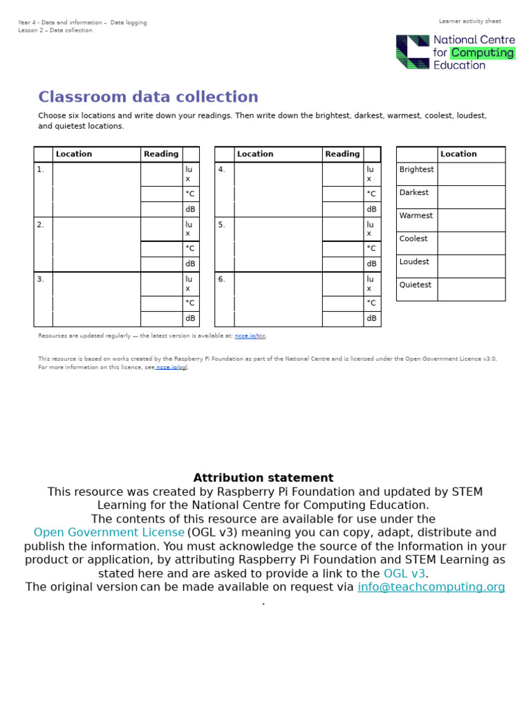 Year 4 Data Logging Activity Sheet | PDF | Computing