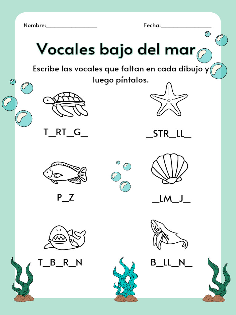 Hoja de Trabajo Vocales Bajo Del Mar Azul | PDF