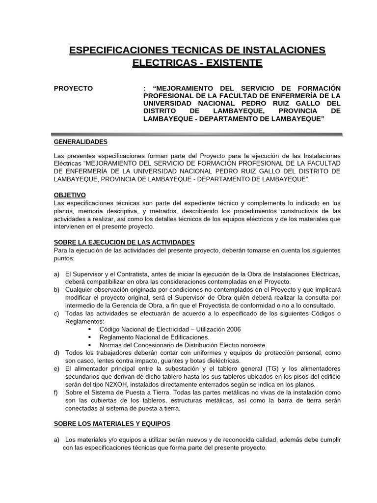 Especificaciones Tecnicas Instalaciones Electricas Decanato | PDF | Aislador (Electricidad ...