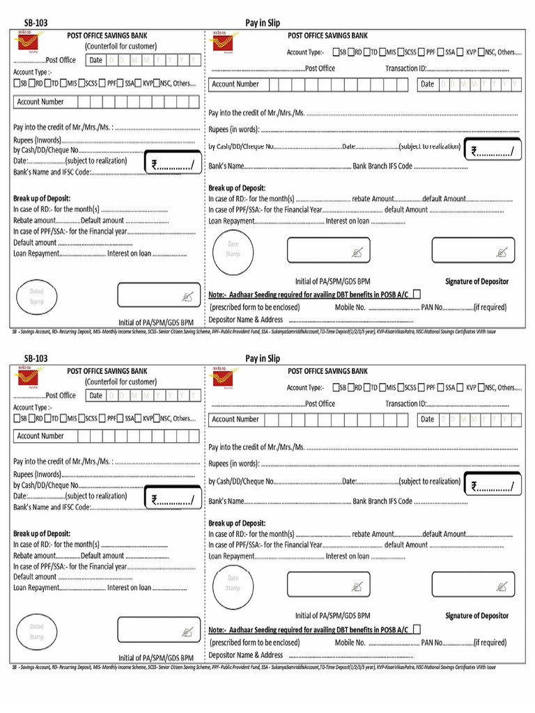 Post Office Deposit Form | PDF