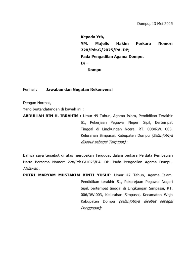 FIX JAWABAN dan GUGATAN REKONVENSI | PDF