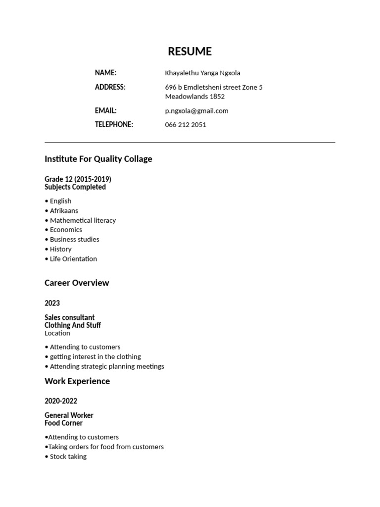 Khayalethu CV | PDF