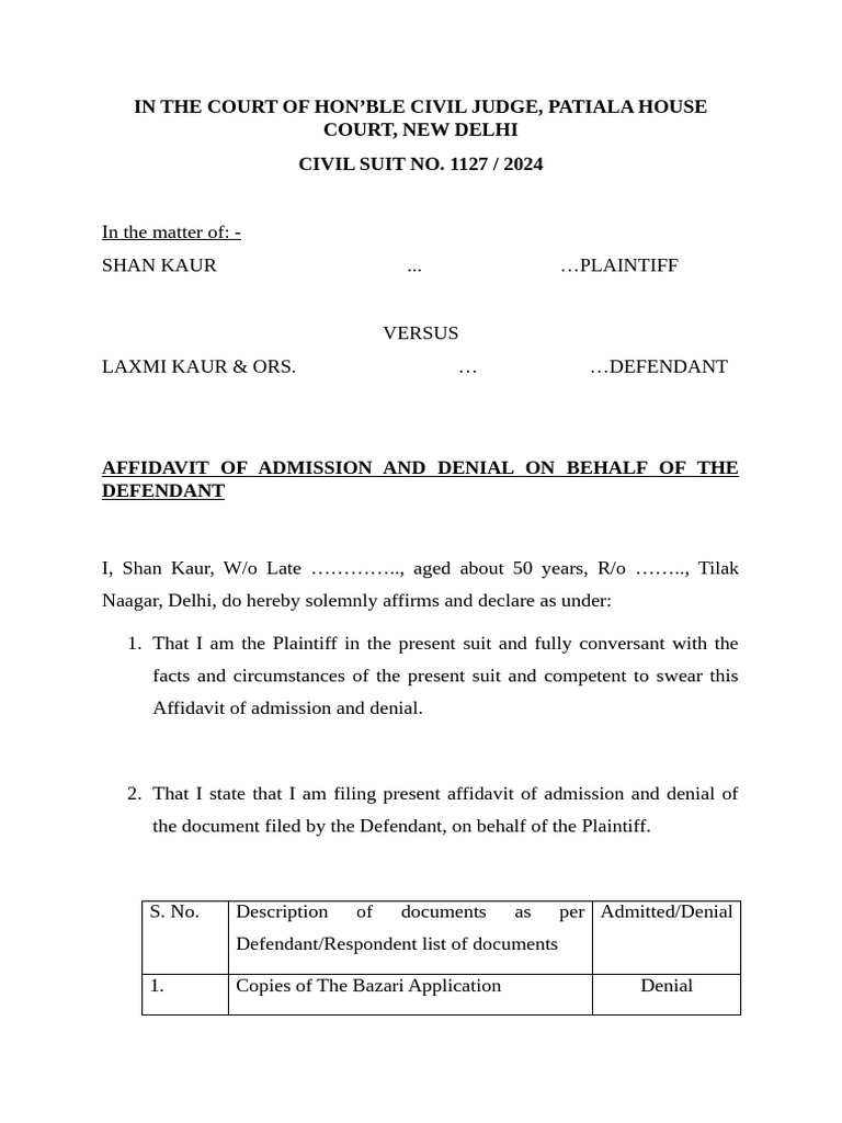 Admission & Denial of Shan Kaur | PDF | Affidavit | Justice