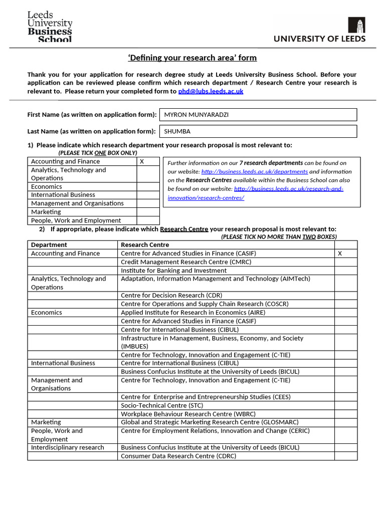 2025 Entry Leeds University Business School PHD Defining Your Research Area Form | PDF ...
