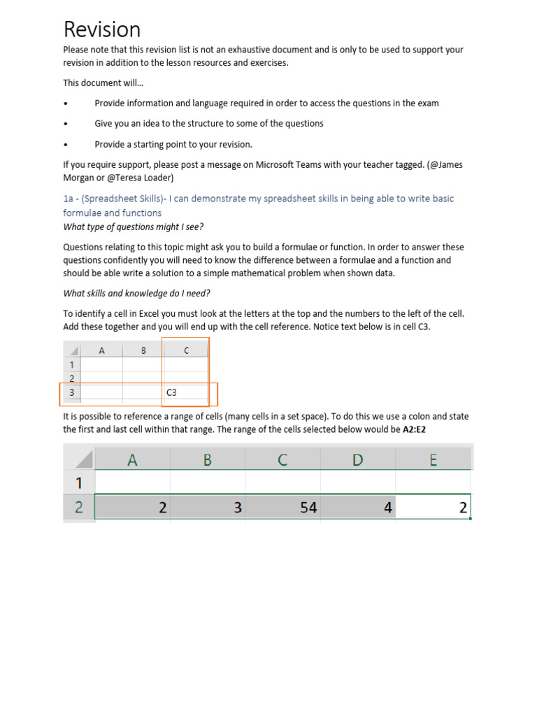 Y8 Spreadsheet Modelling Revision Guide 2023 | PDF | Spreadsheet | Microsoft Excel