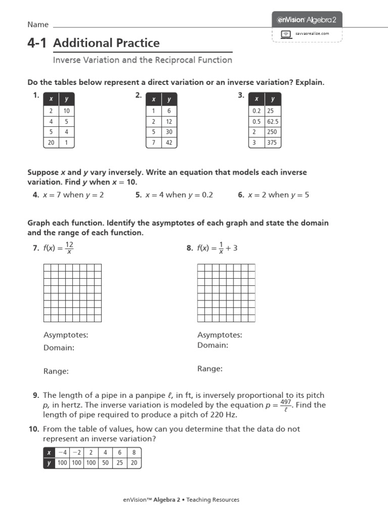 Inverse Variation and Reciprocal Functions | PDF | Function ...