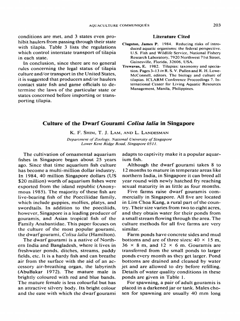 Culture of The Dwarf Gourami Colisa Lalia in Singa | PDF | Fish | Fish ...
