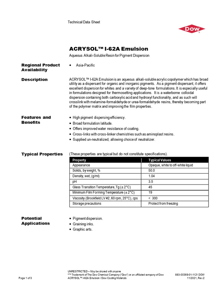 883-00369-01-acrysol-i62a-emulsion-tds | PDF | Cross Link | Materials