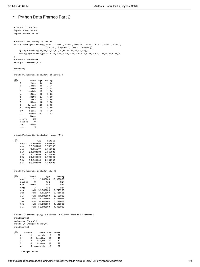 L-3 (Data Frame Part 2) .Ipynb - Colab | PDF | Computing | Software Engineering