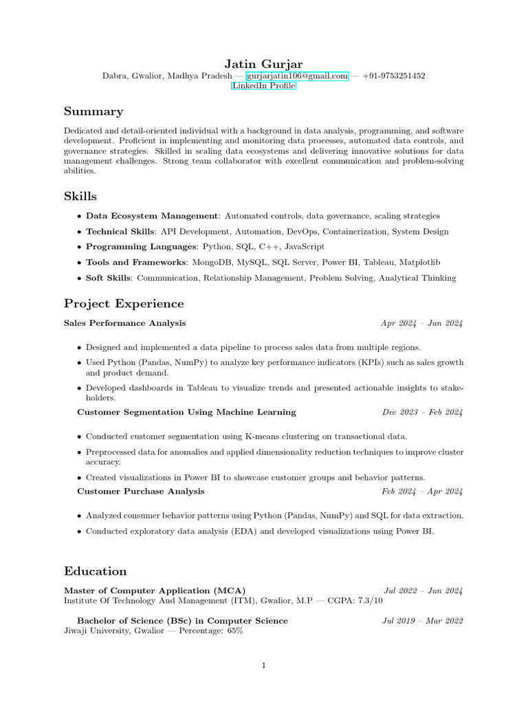 Jatin Gurjar Resume Data Analysis | PDF | Data | Data Analysis