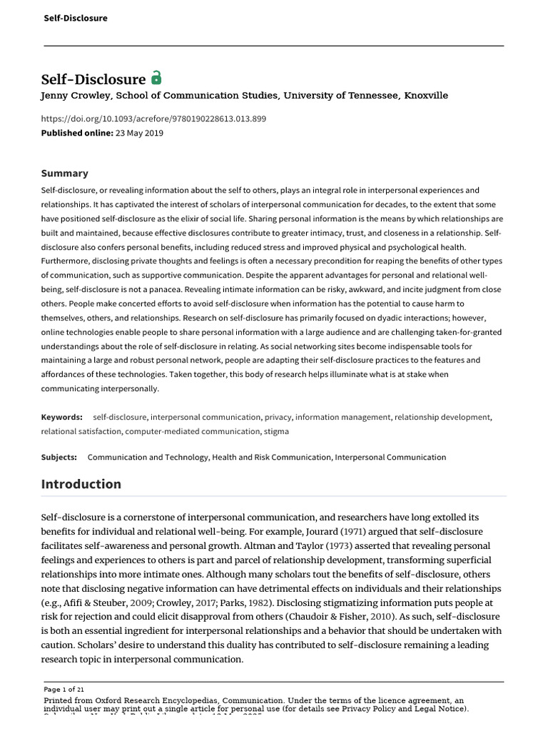 Self-Disclosure - Oxford Research Encyclopedia of Communication ...
