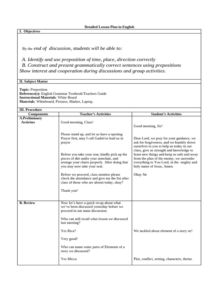 Lesson Plan: Mastering Prepositions | PDF | Lesson Plan | Linguistics