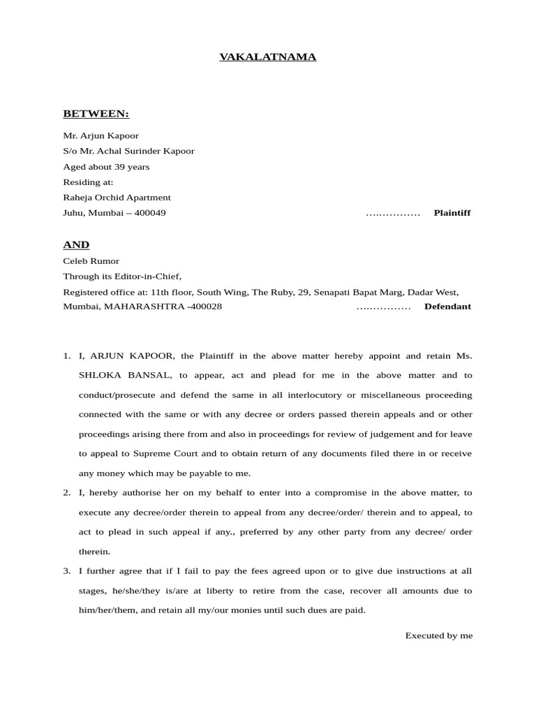 Hypothetical Format of VAKALATNAMA | PDF | Legal Procedure | Justice