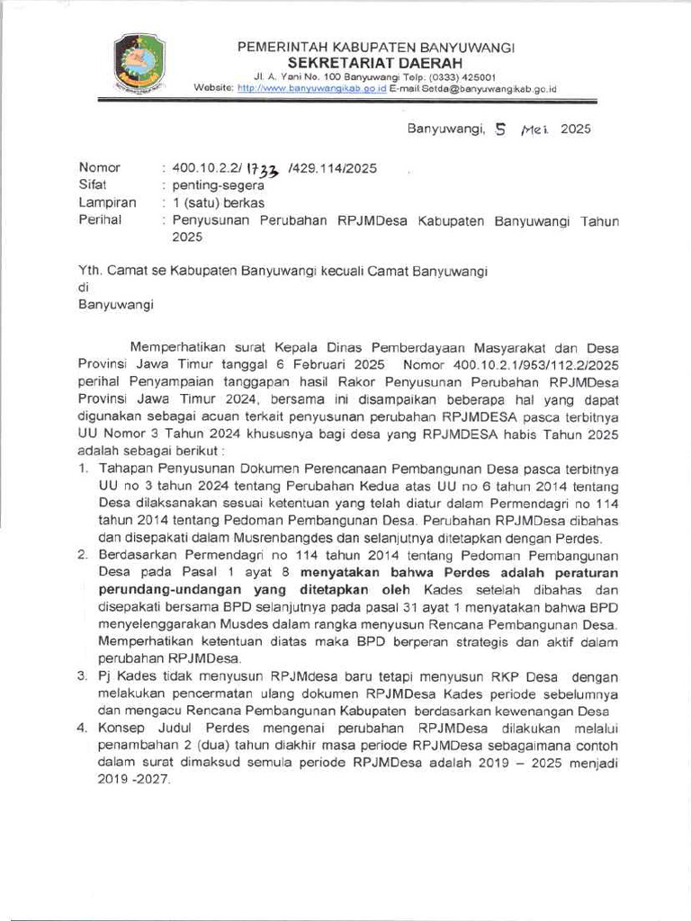 Penyusunan Perubahan RPJMdesa Kab Bwi 2025 | PDF