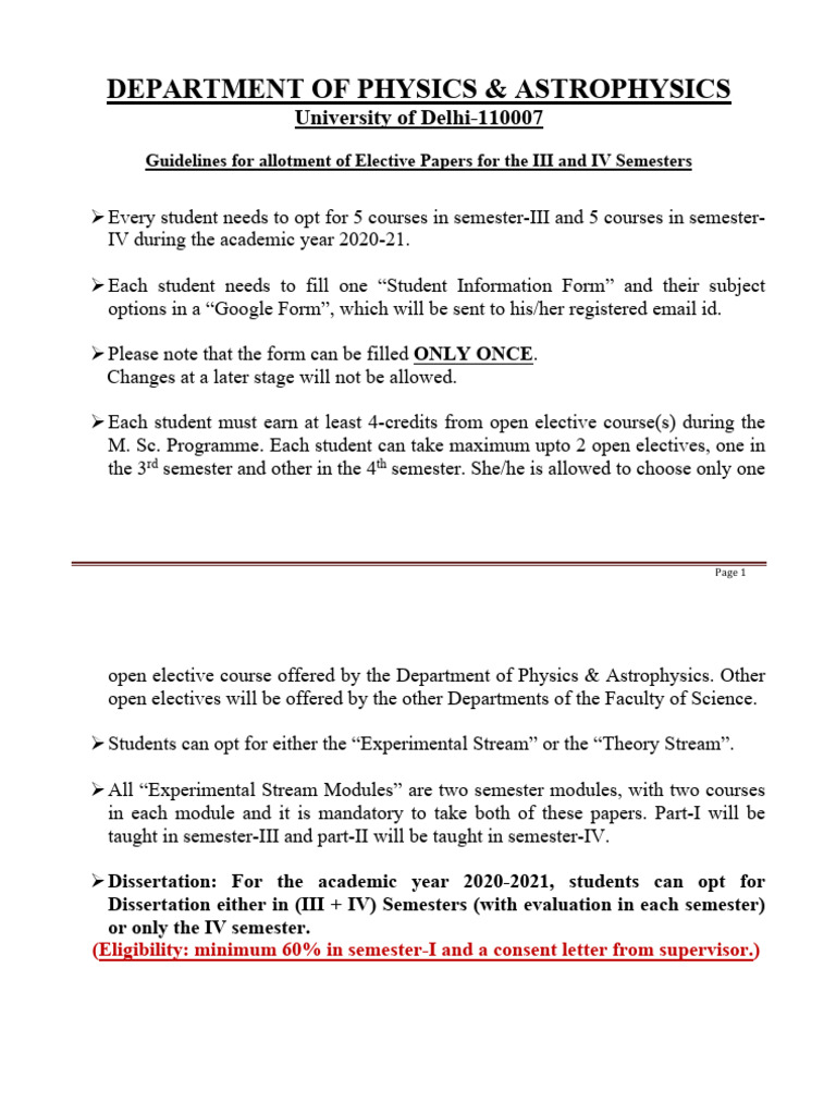 Guidelinesfor Elective Papers 2020 | PDF | Physics | Physical Sciences