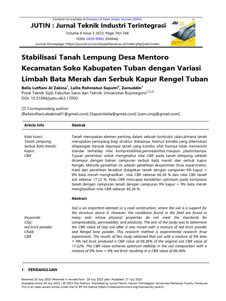 Stabilisasi Tanah Lempung Desa Mentoro Kecamatan S | PDF