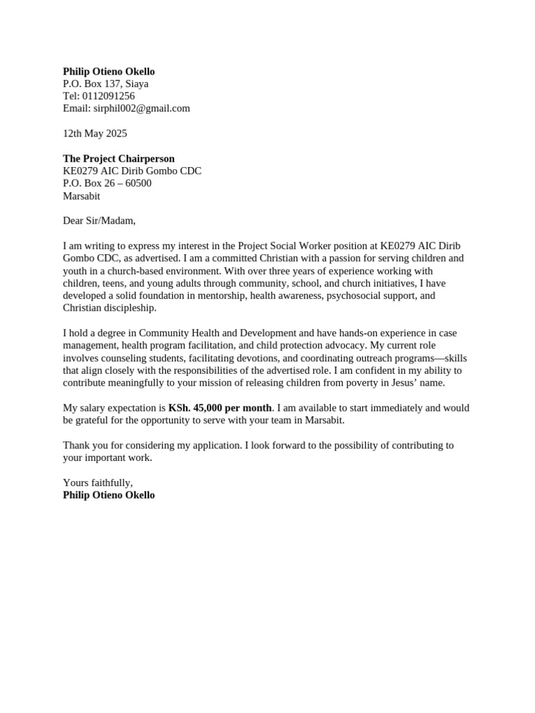 Philip Otieno Okello COver Letter | PDF