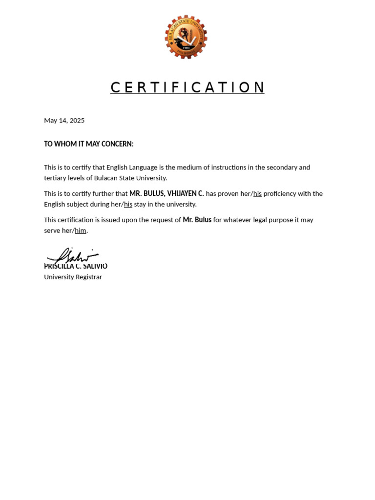 Certification: To Whom It May Concern | PDF