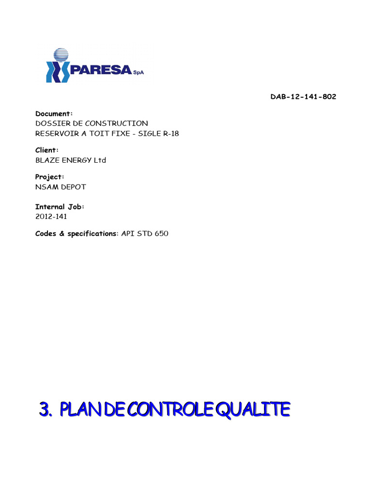Plan de Controle Qualite | PDF