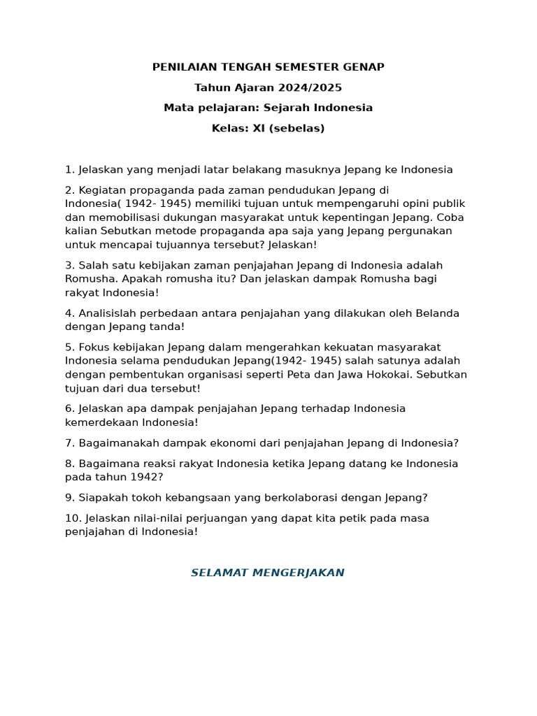 soal pts sejarah semester genap | PDF